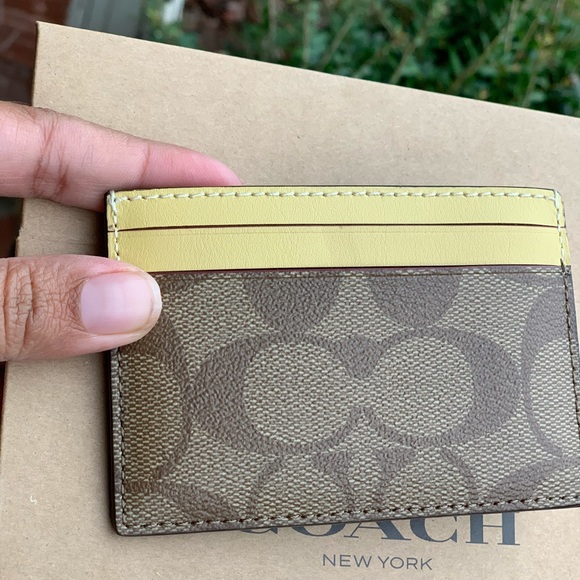 Coach | Bags | Coach Signature Khaki Slim Flat Mango Card Case | Poshmark